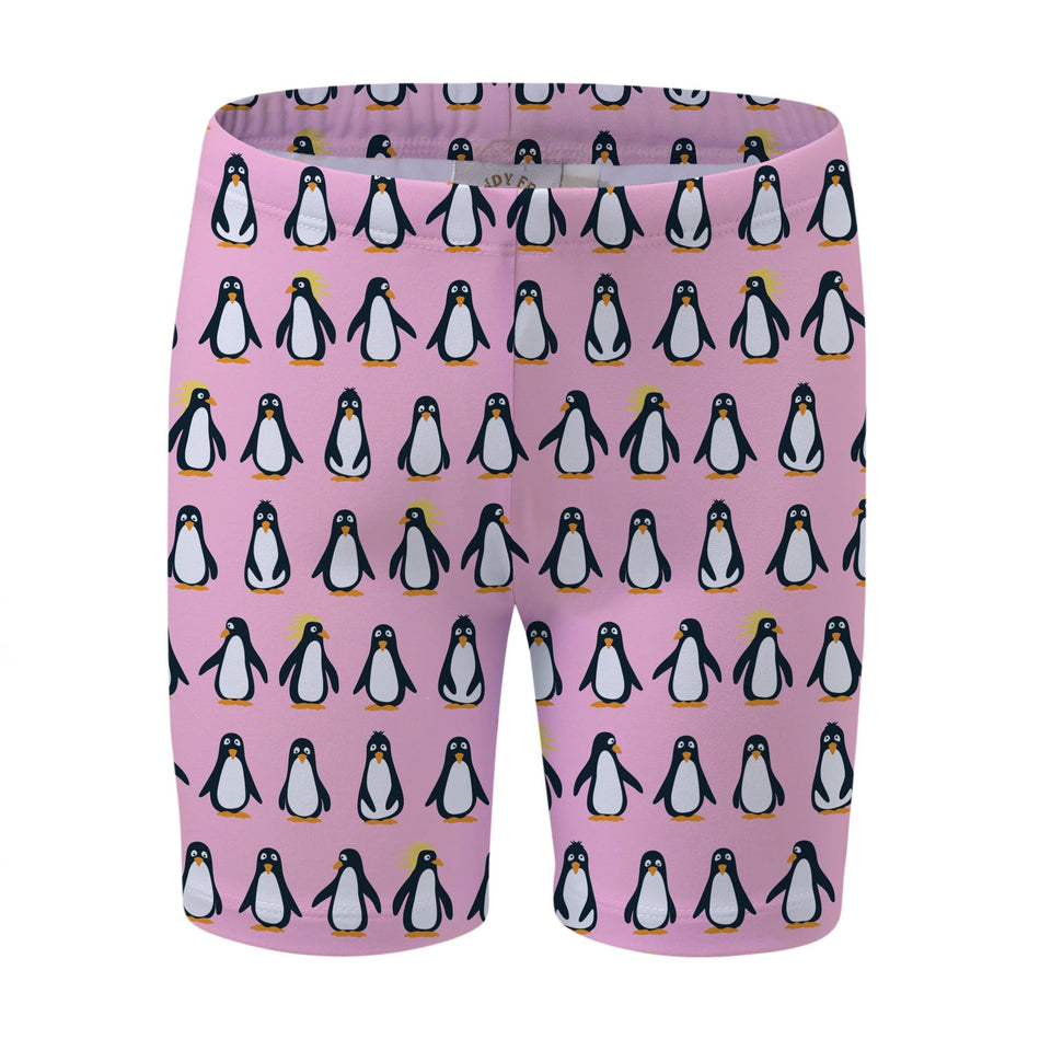 UPF50+ Girls Pink Penguin LONG Swim Shorts | Sandy Feet Australia