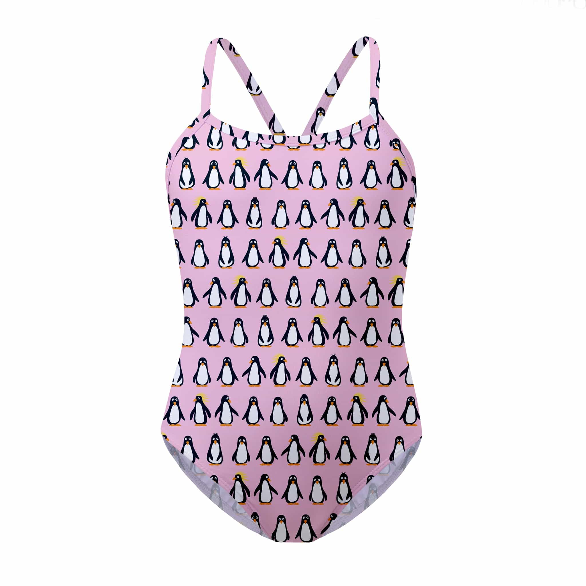 UPF50+ Girls Pink Penguin Racerback Swimsuit | Sandy Feet Australia